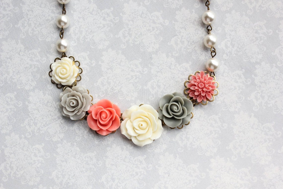 Coral Rose Necklace Statement Floral Necklace Light Grey Sage | Etsy