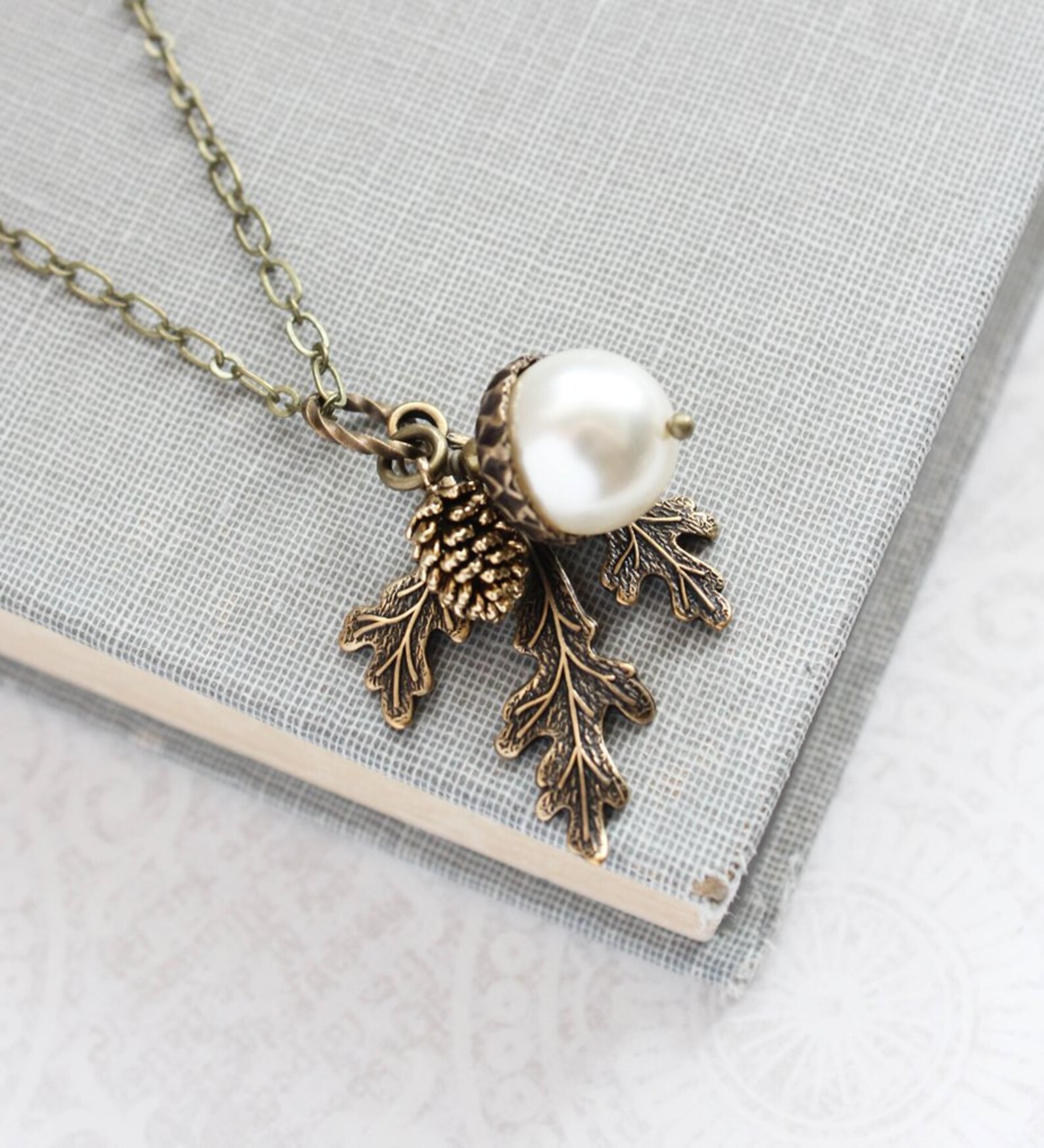 White Pearl Pendant Necklace Pearl Acorn Charm Nature Inspired | Etsy