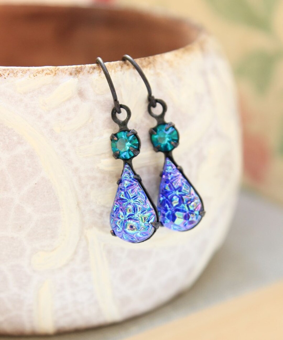 Dark Blue Earrings Vintage Glass Earrings Small Rhinestone Drop Estate ...