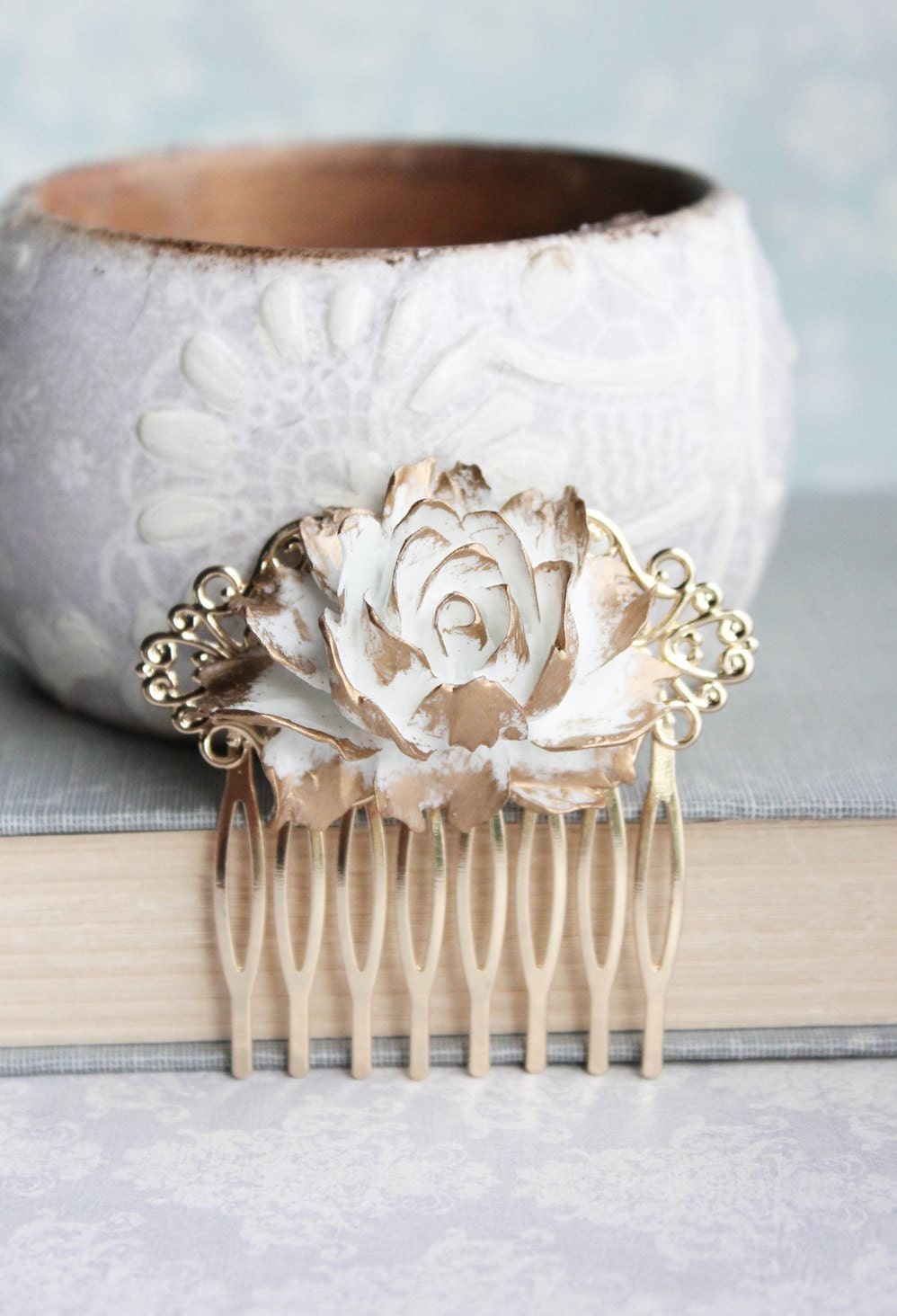 White and Gold Rose Comb Big Flower Hair Comb Wedding Hair | Etsy
