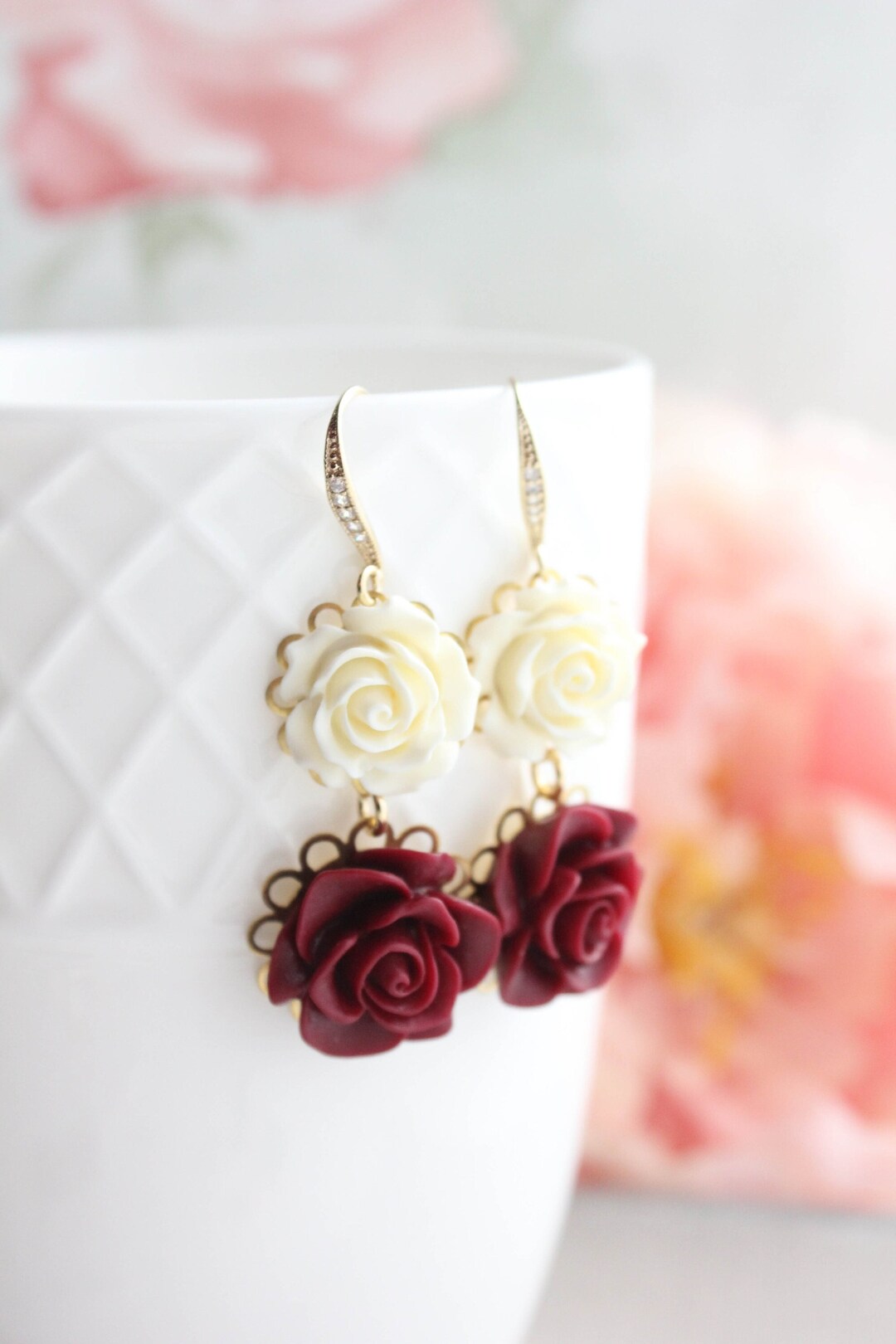 Dark Red Rose Earrings, Rose Dangles, Unique Bridal Jewelry Romantic ...