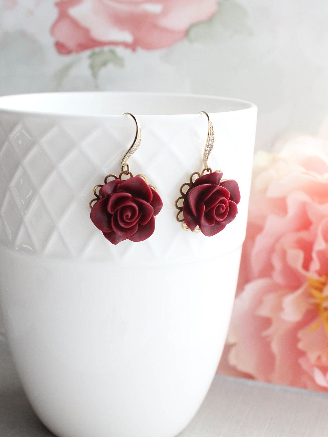 Deep Red Rose Earrings, Oxblood Red Floral Dangle, Gold and Rhinestone ...