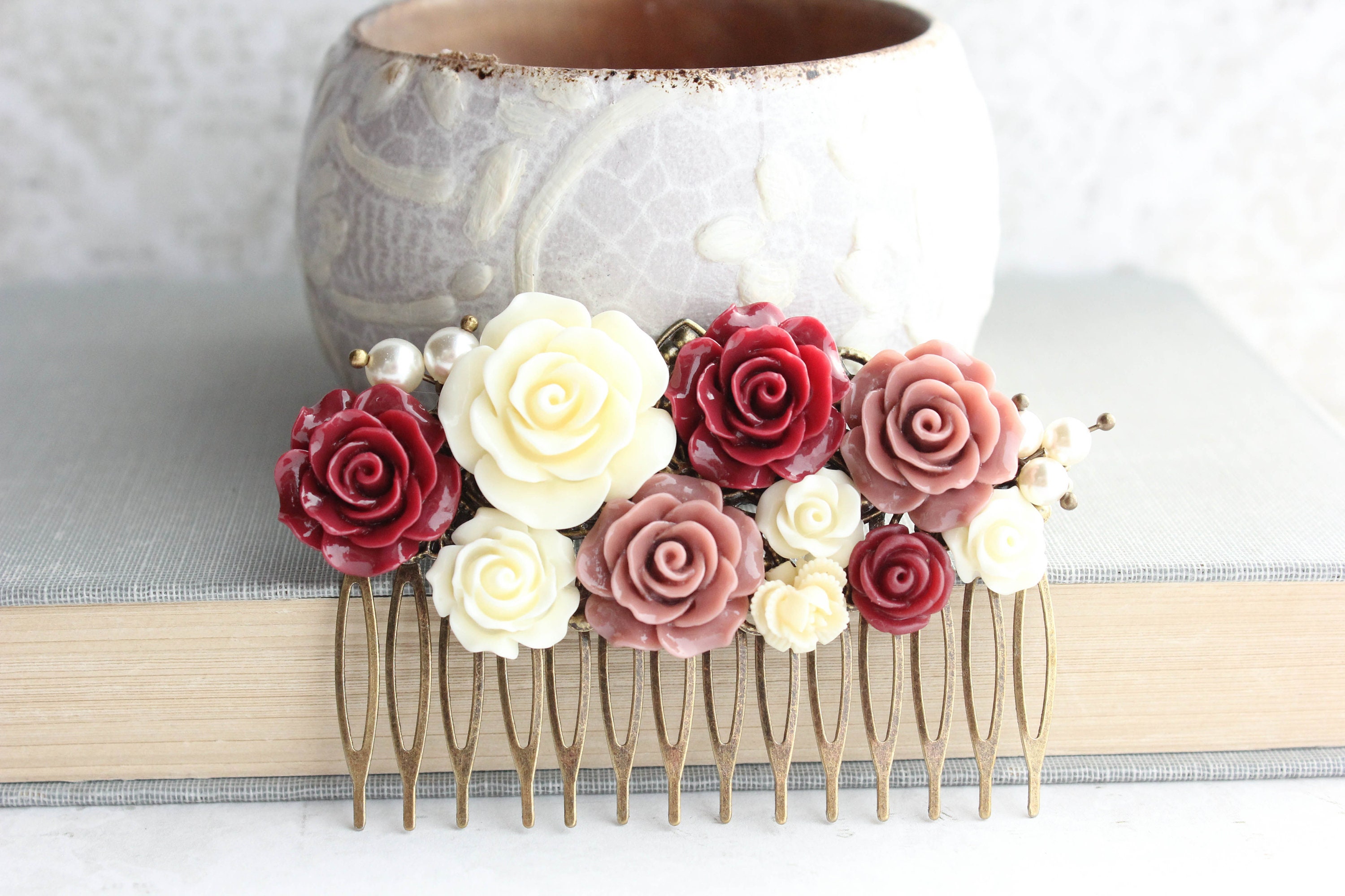 Dark Red Hair Comb Rose Hair Piece Dusty Rose Wedding Ivory | Etsy