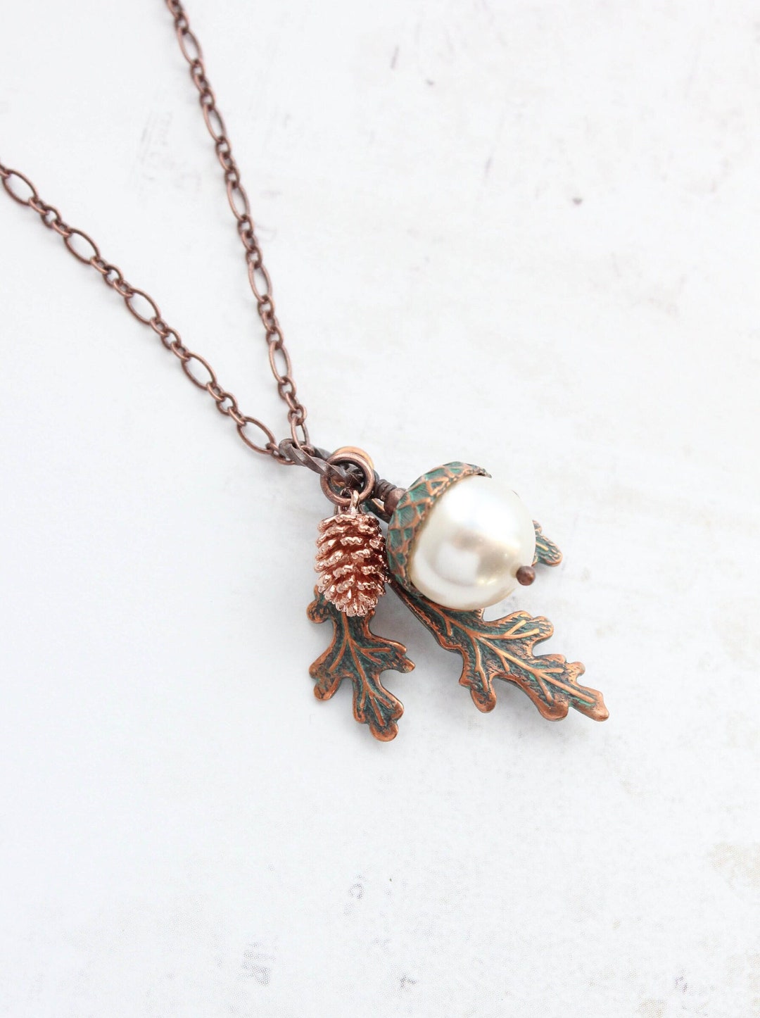 Pearl Acorn Pendant Necklace (8 Pearl Colors) Mint Patina Copper, Fall ...