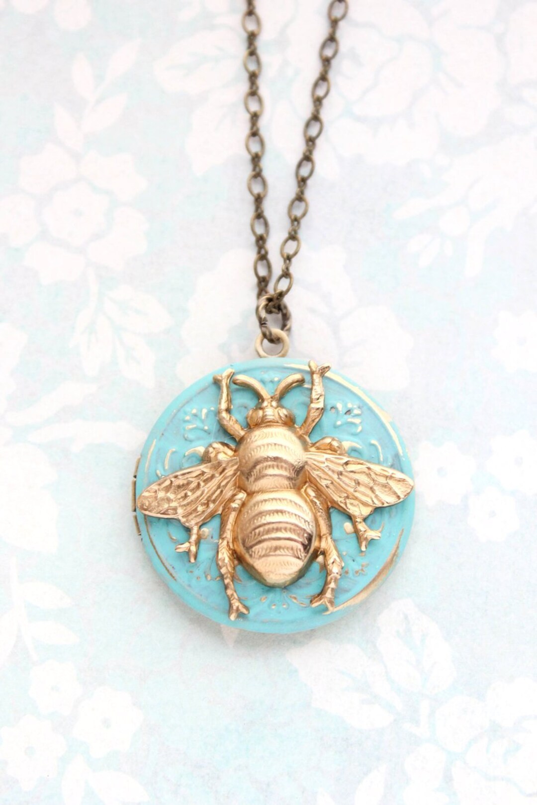 Bee Locket Necklace Raw Gold Brass Aqua Turquoise Patina Insect Wings ...