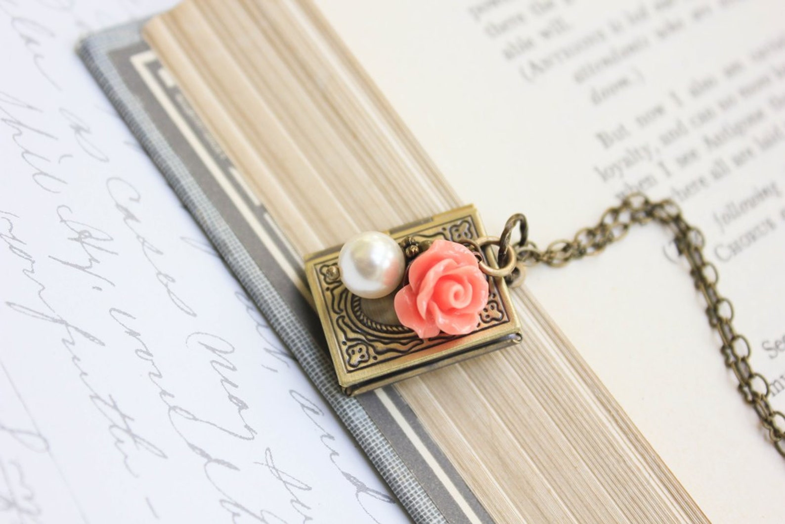 Book Locket Necklace Pendant Necklace Peach Coral Rose Charm - Etsy