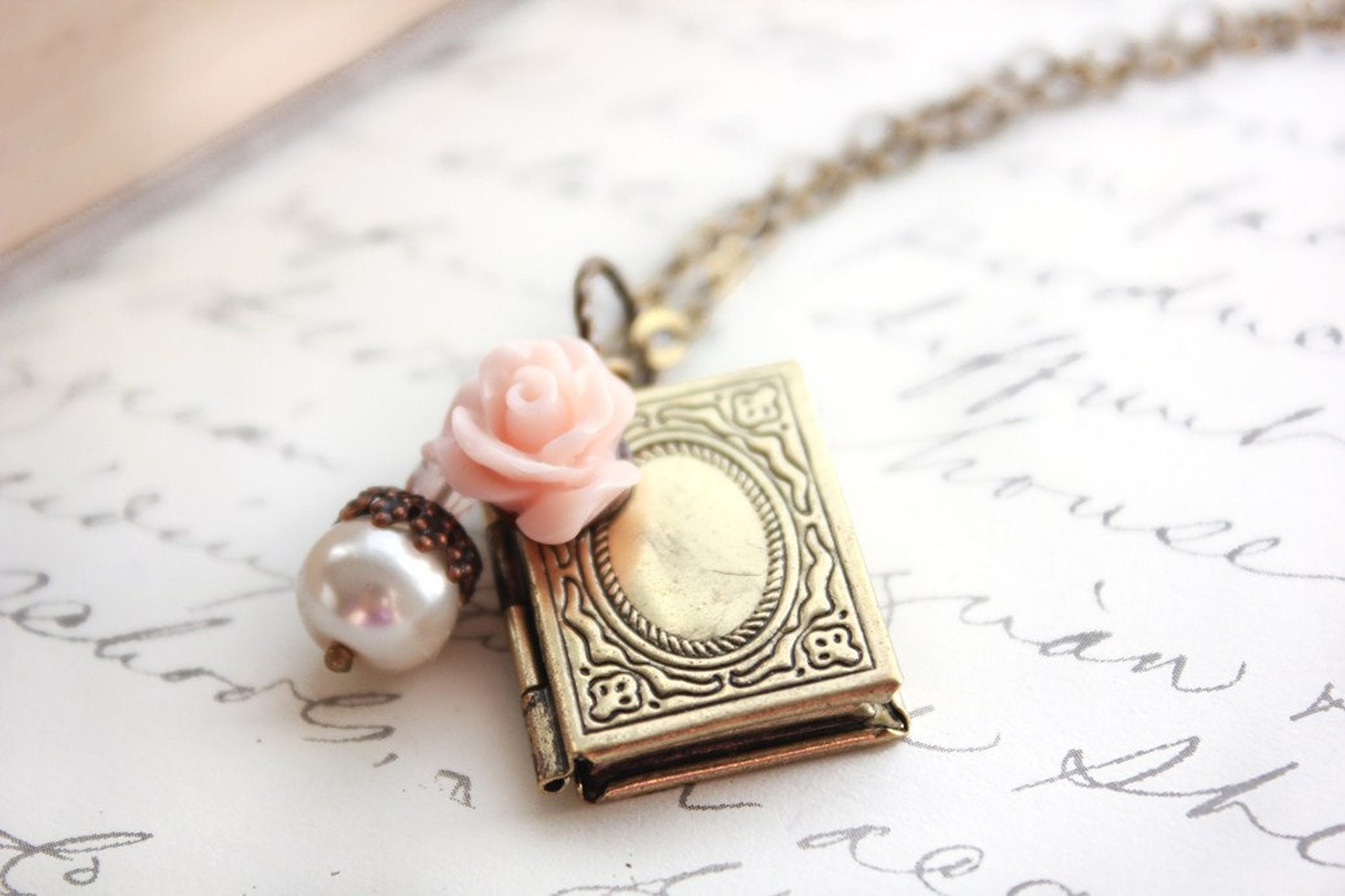 Book Locket Necklace Romantic Locket Pendant Pink Rose White | Etsy