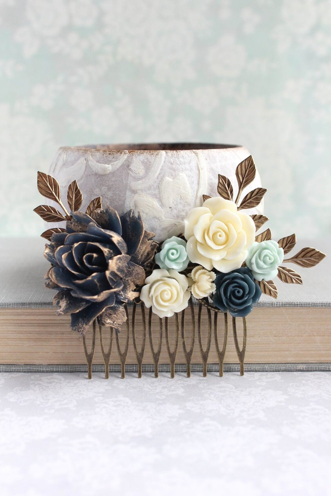 Big Rose Comb Navy and Mint Wedding Bridal Hair Comb Ivory - Etsy