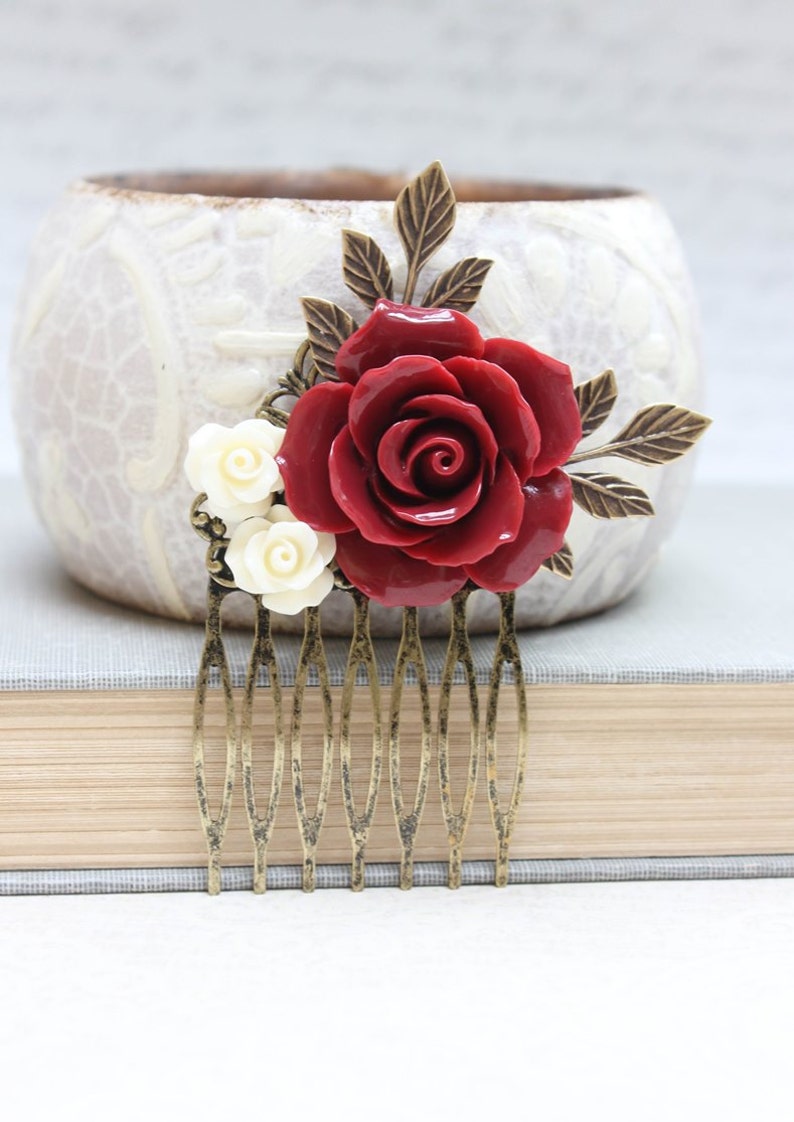 Red Rose Comb Floral Collage Hair Accessories Cream Rose Dark Red ...