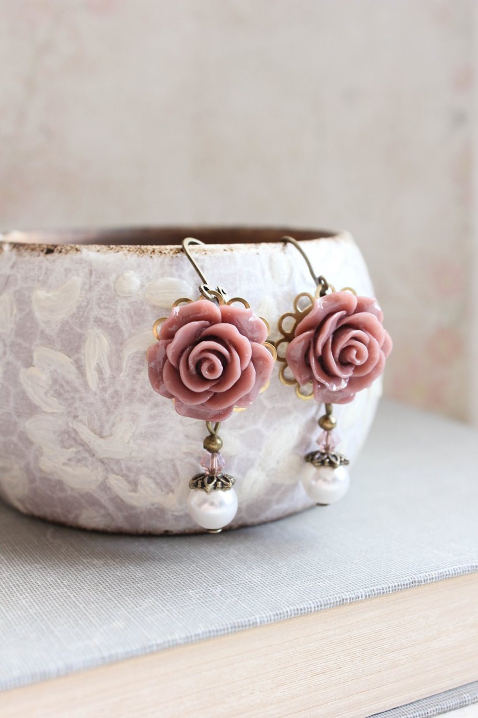 Rose Earrings Dusty Rose Pink Pearl Drop Floral Dangle - Etsy