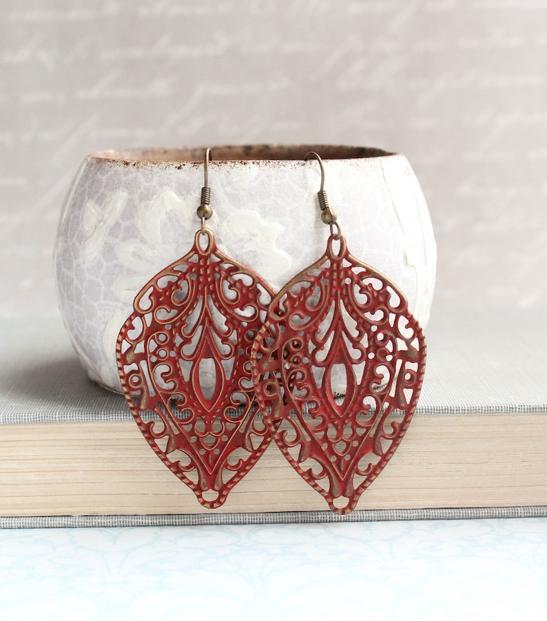Rust Red Earrings Red Patina Big Filigree Earrings Long Earrings Boho ...
