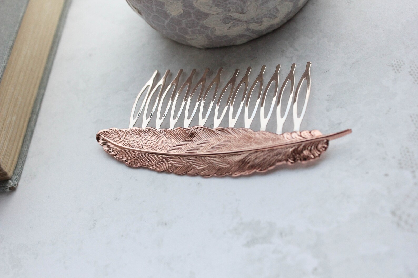 Feather Hair Comb (5 Metal Options) Rose Gold Comb, Nature Wedding ...