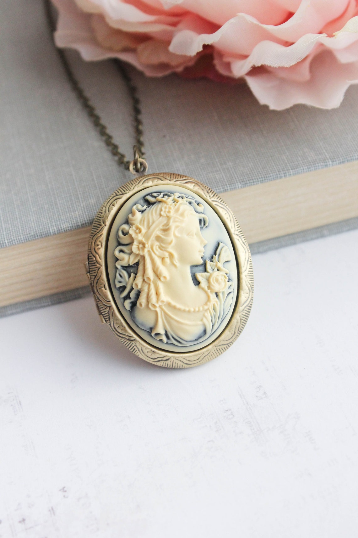 Large Locket Necklace, Photo Locket, Big Cameo Pendant, Cream Lady on ...