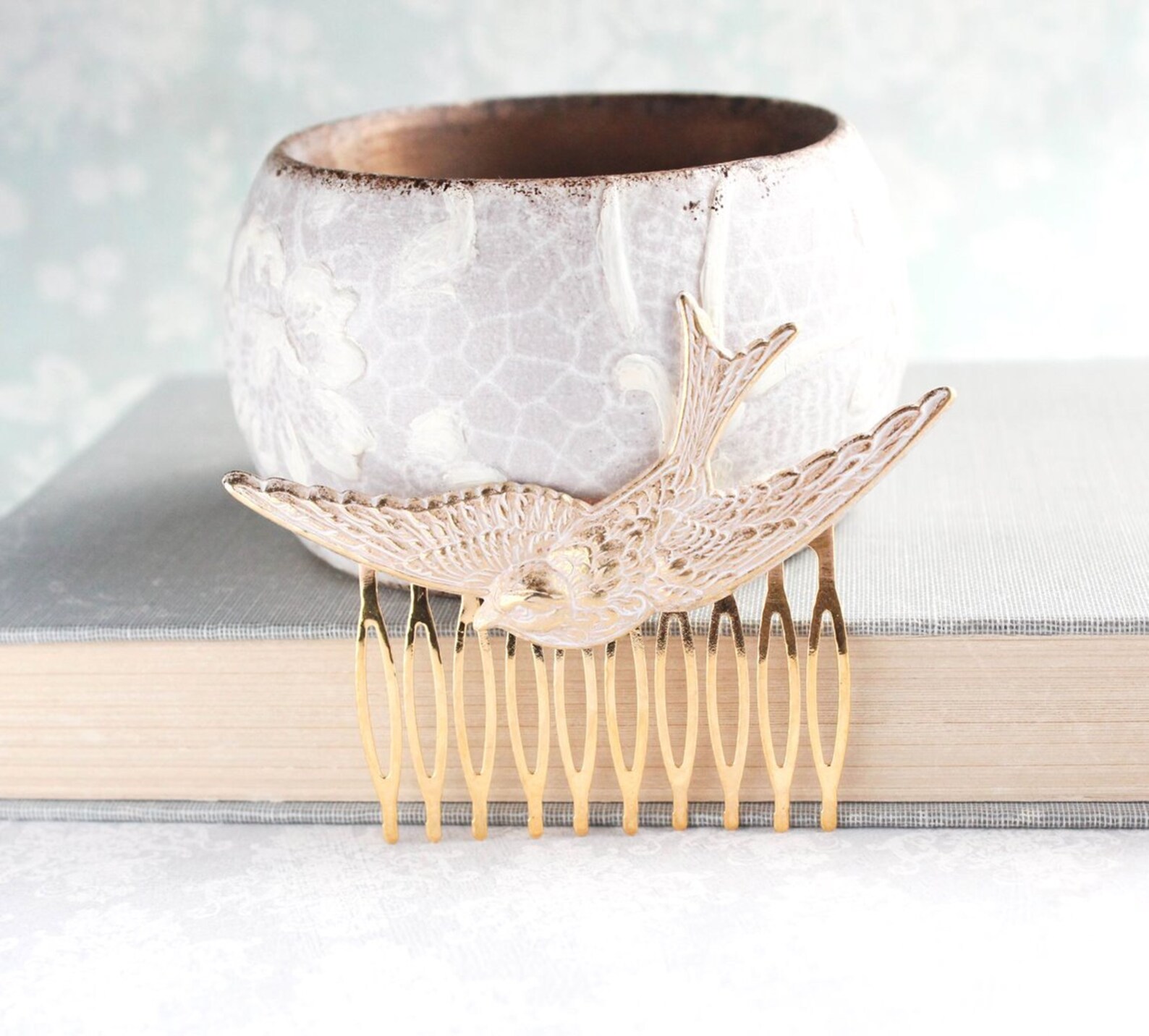 Shabby White Patina Bird Comb Gold Comb Flying Swallow Hair - Etsy