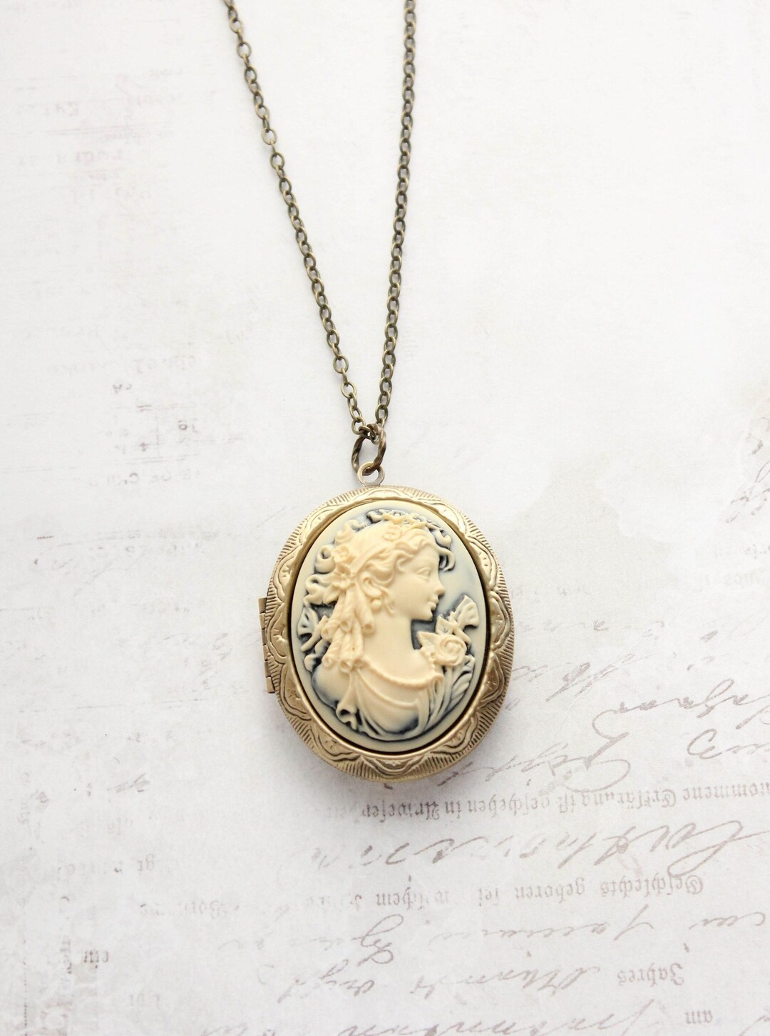 Large Locket Necklace, Photo Locket, Big Cameo Pendant, Cream Lady on ...