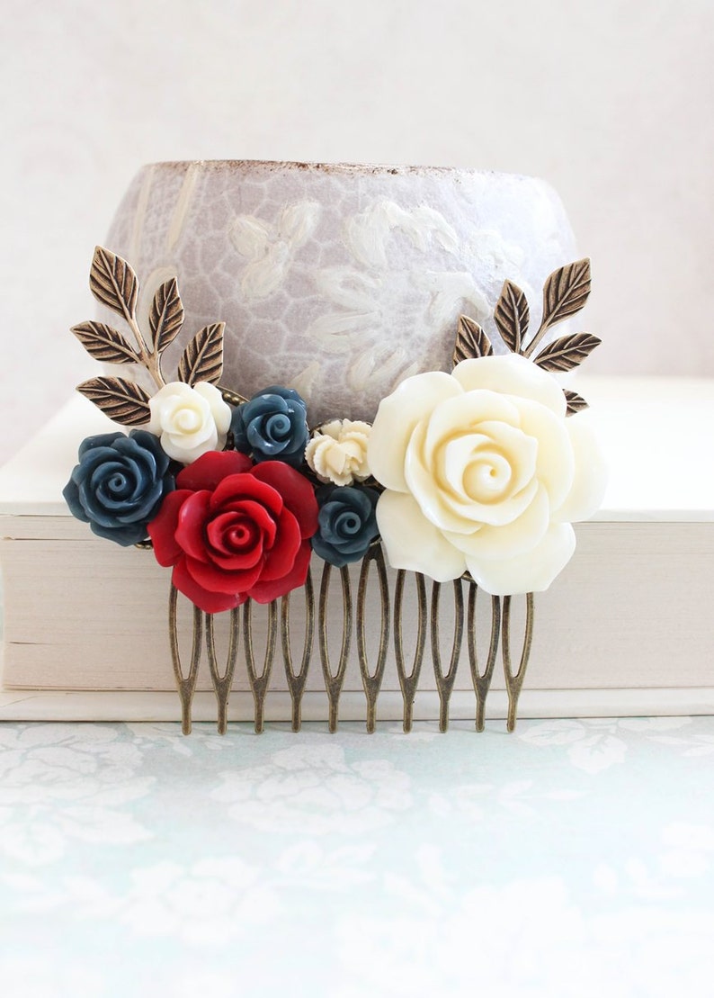 Bridal Hair Comb Big Cream Rose Comb Romantic Garden Wedding Deep Red ...