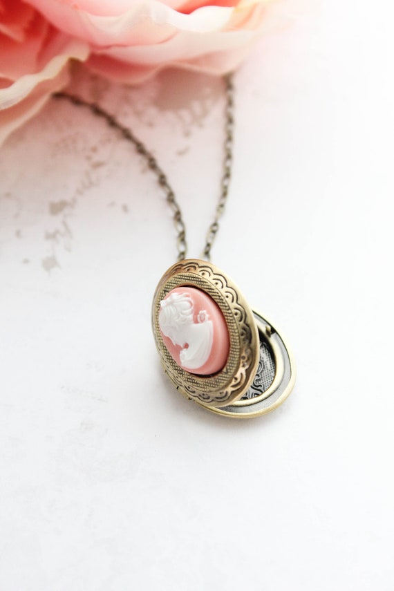 Pink Locket Necklace Photo Locket Cameo Necklace Vintage | Etsy