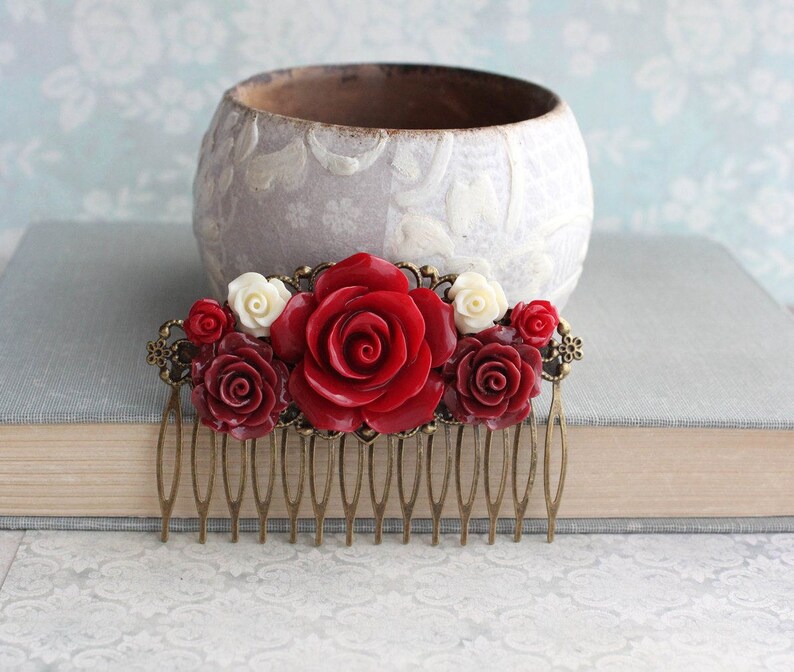 Dark Red Rose Hair Comb Deep Red Rose Floral Collage Comb | Etsy