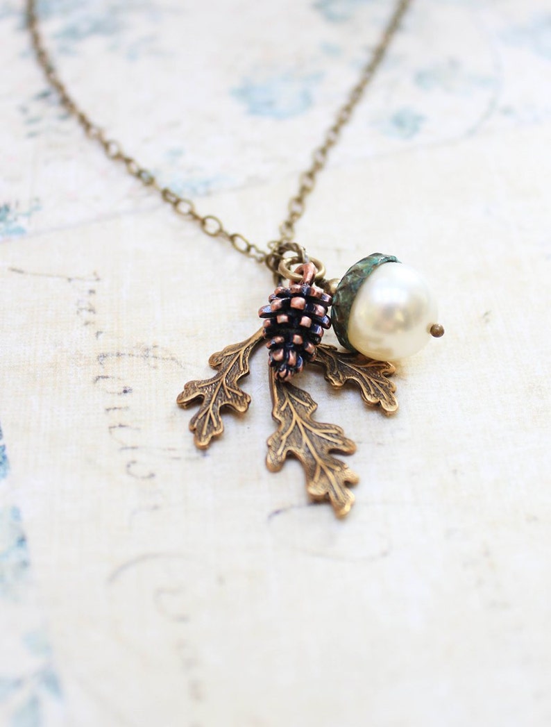 Pearl Acorn Neckace Rustic Nature Necklace Woodland Charms | Etsy