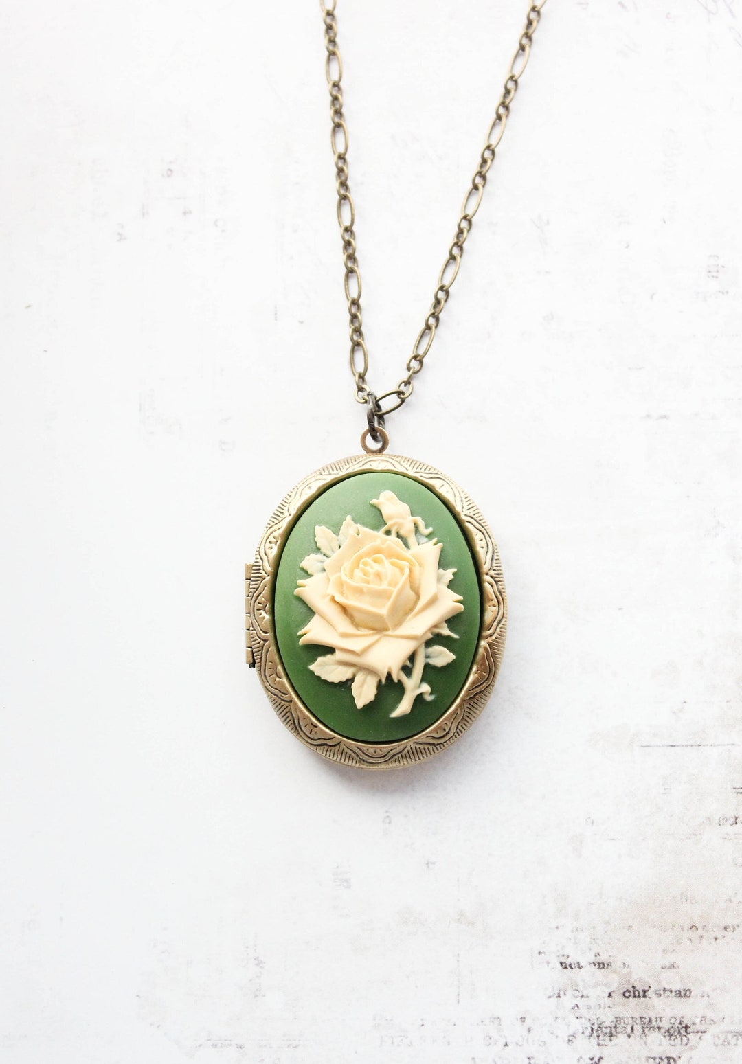 Rose Locket Necklace, Green and Cream Rose Cameo, Large Oval Photo ...