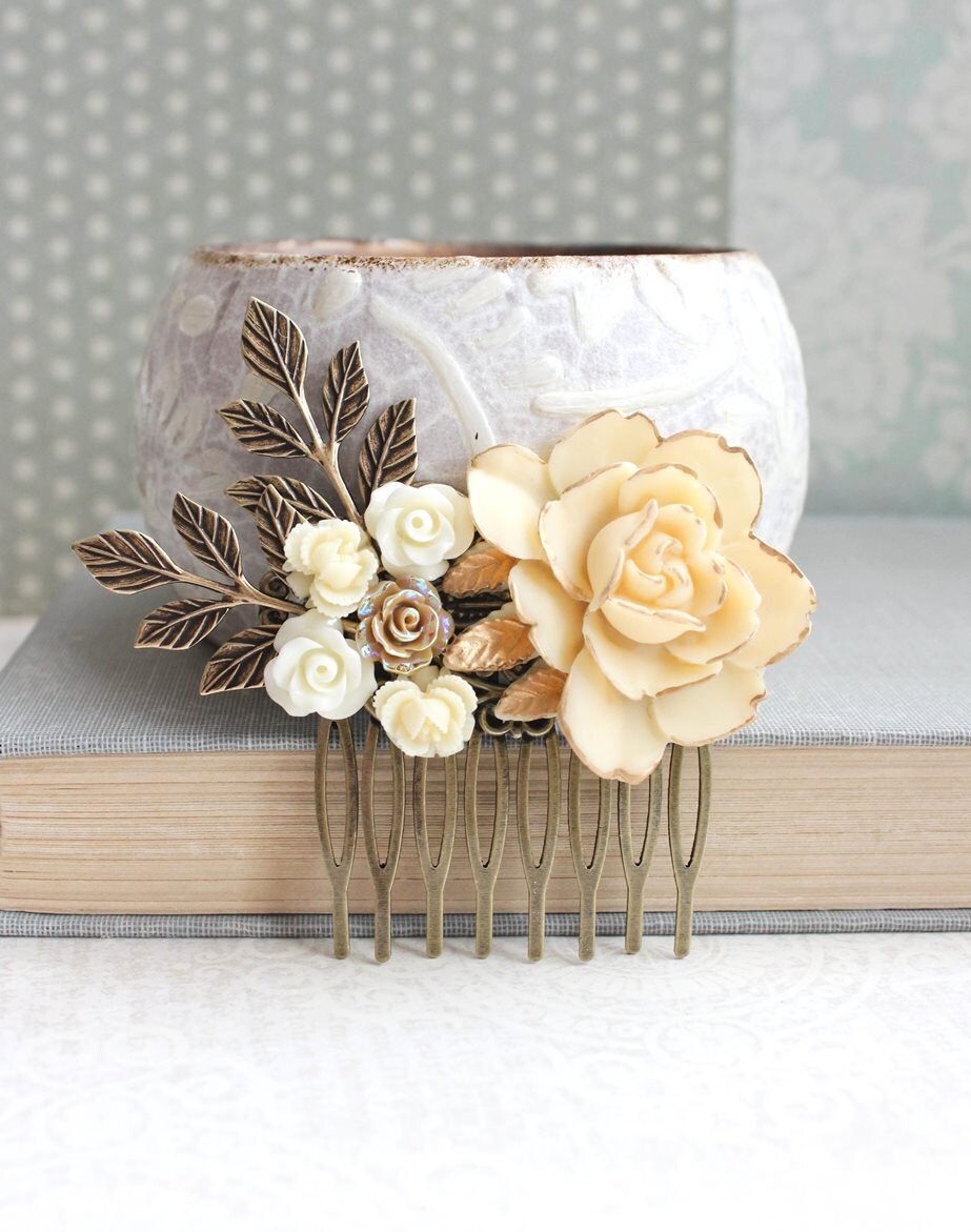 Ivory Cream Rose Bridal Hair Comb Flower Hair Jewelry Garden - Etsy