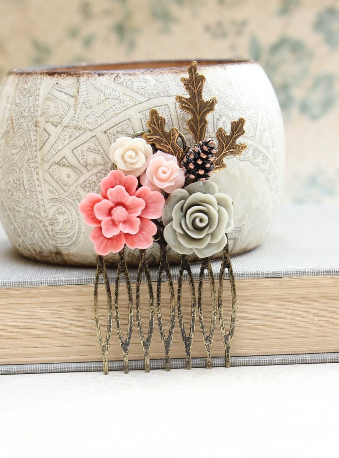 Pink Floral Hair Comb Leaf Bridal Comb Flower Hair Accessories - Etsy