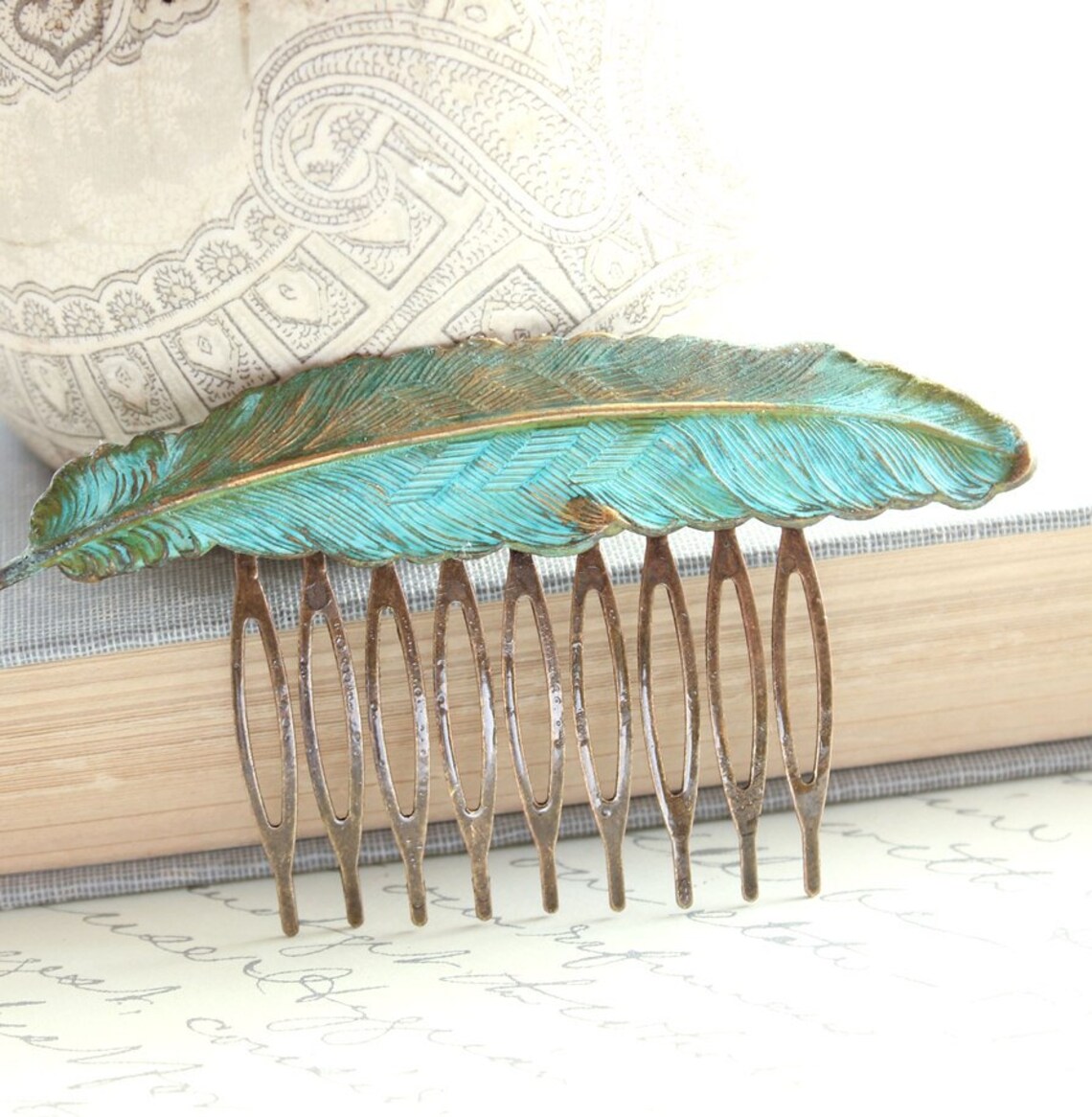 Big Feather Hair Comb Teal Verdigris Patina Woodland Wedding - Etsy Canada