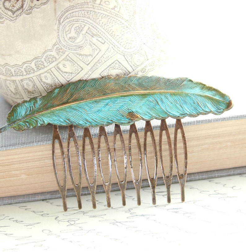 Big Feather Hair Comb Teal Verdigris Patina Woodland Wedding Bird ...