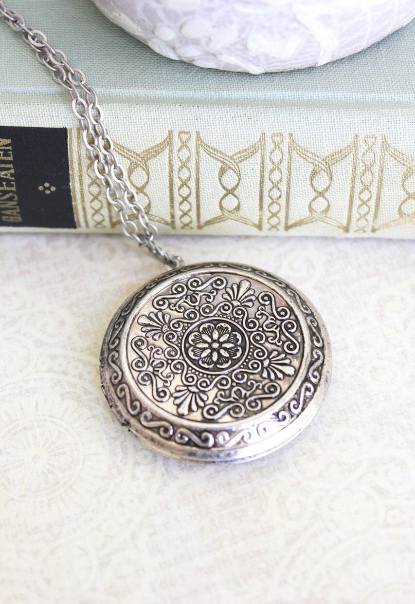 Silver Locket Necklace Large Round Pendant Silver Floral - Etsy