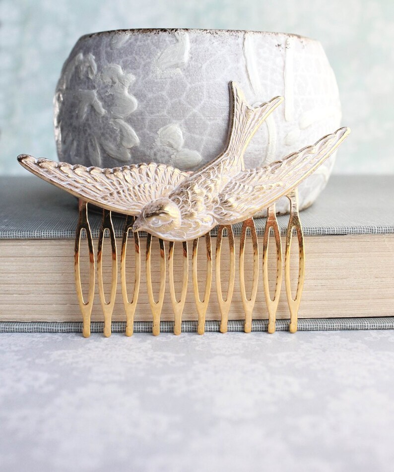 Shabby White Patina Bird Comb Gold Comb Flying Swallow Hair - Etsy