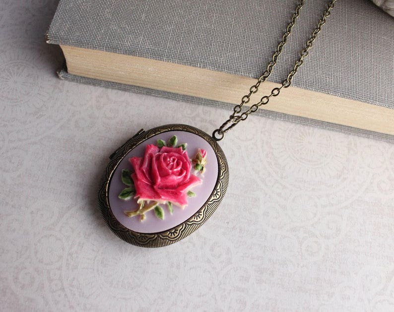 Big Locket Necklace Photo Locket Pendant Fuchsia Pink Rose | Etsy