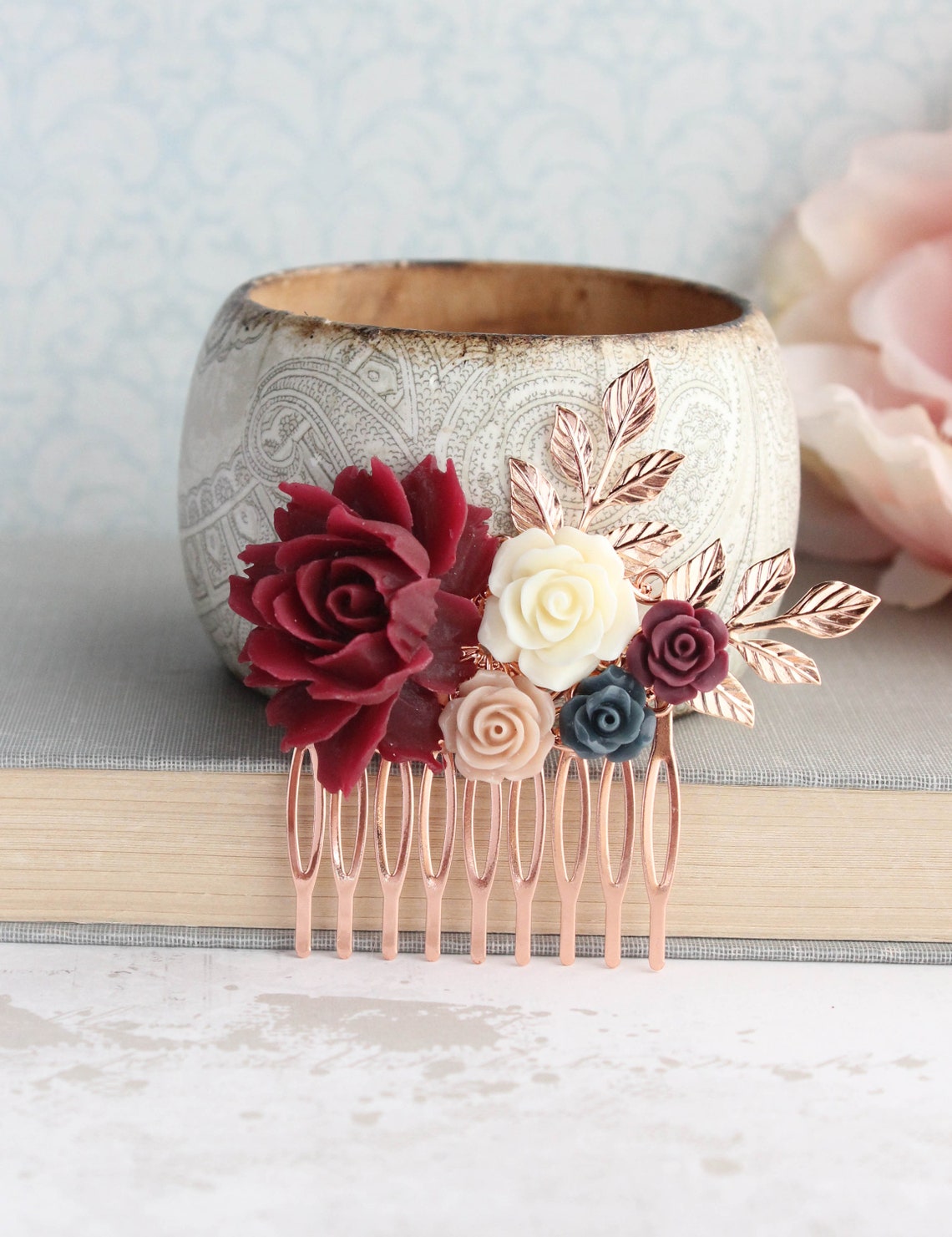 Deep Red Rose Comb Floral Hair Comb Rose Gold Leaves | Etsy