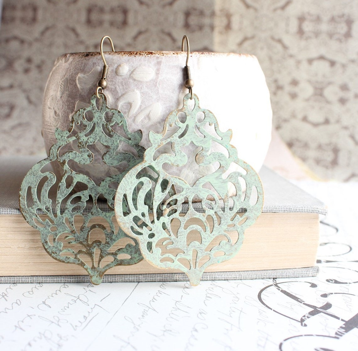 Large Filigree Earrings Light Sage Green Patina Earrings Big - Etsy
