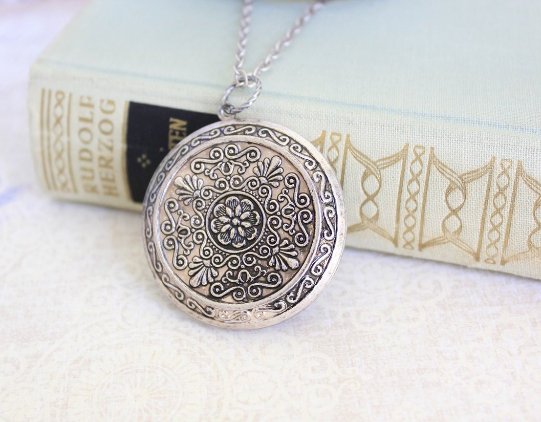Silver Locket Necklace Large Round Pendant Silver Floral - Etsy
