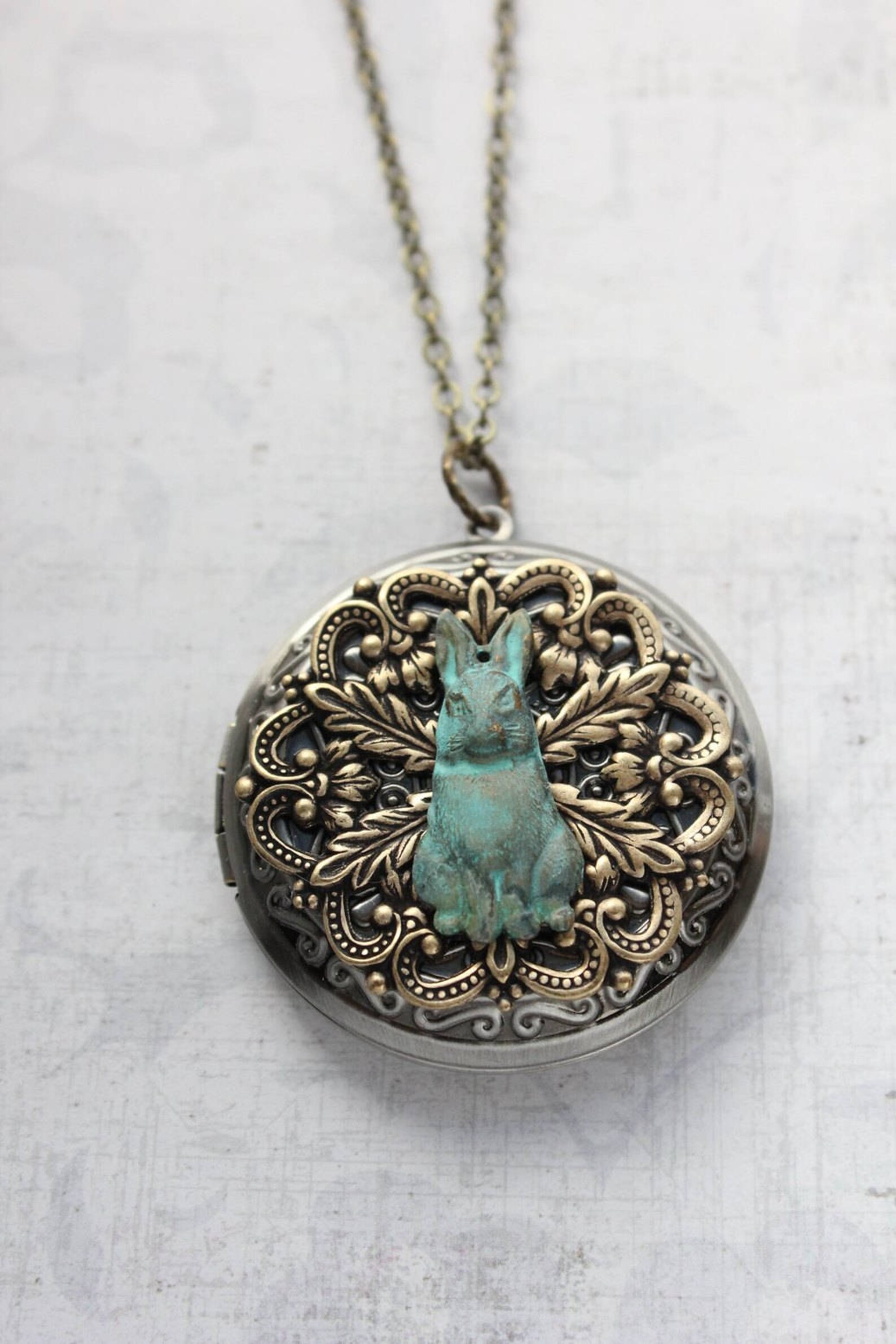 Rabbit Locket, Large Round Locket, Photo Locket, Layering Necklace ...