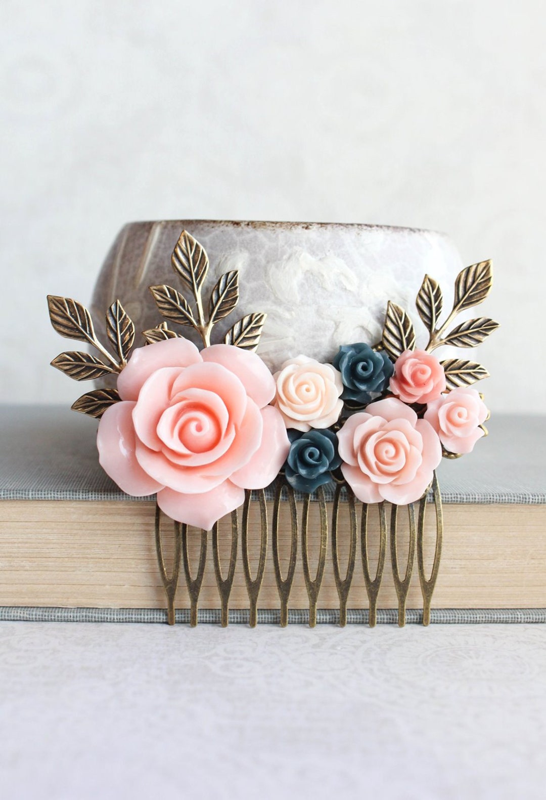 Pink Rose Hair Comb Bridal Hair Comb Navy Blue Floral Hair Piece ...