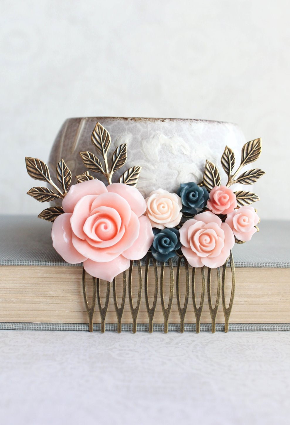 Pink Rose Hair Comb Bridal Hair Comb Navy Blue Floral Hair - Etsy Denmark