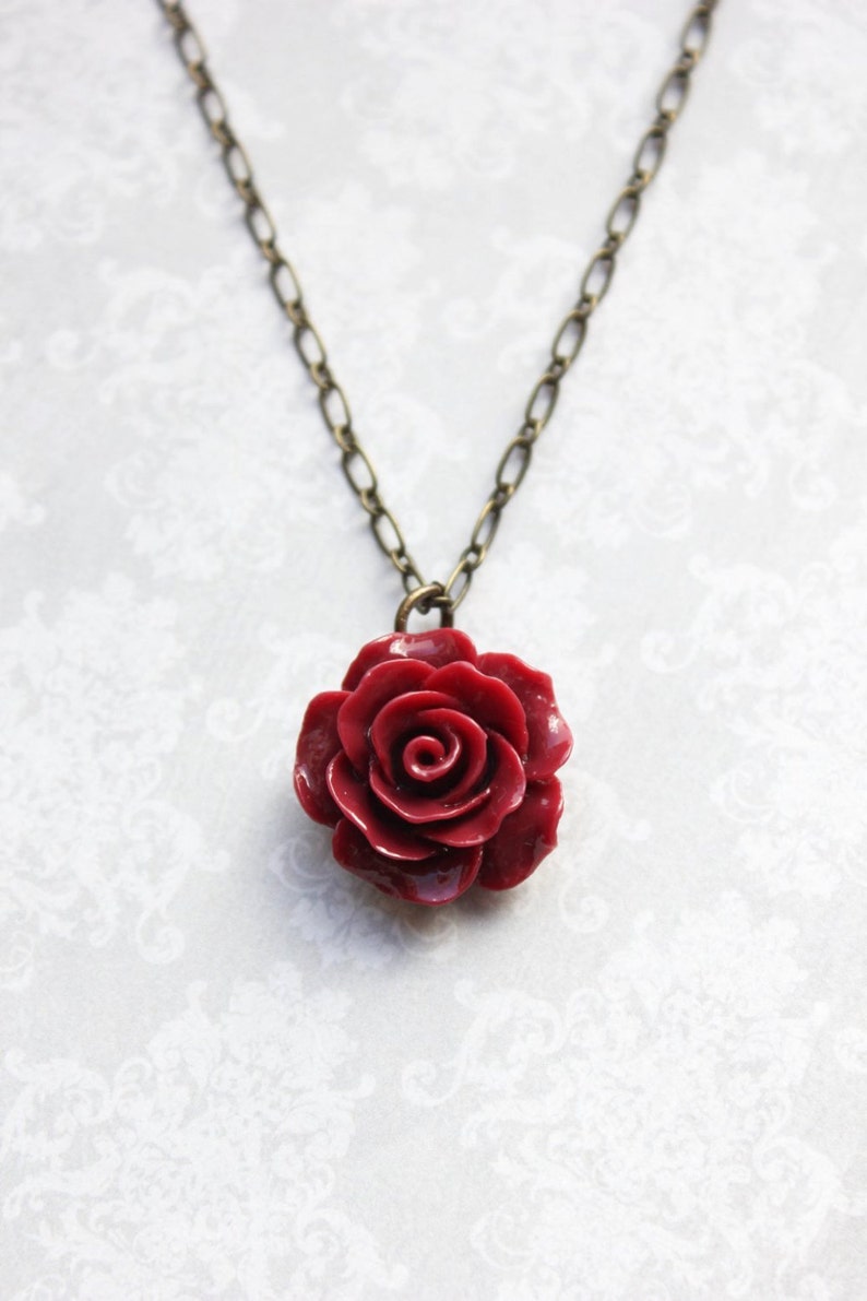 Deep Red Rose Necklace Vintage Inspired Dark Red Floral Jewellery ...