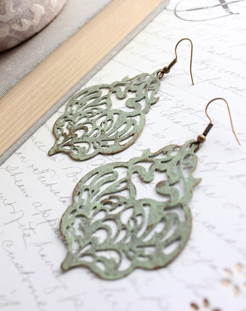Large Filigree Earrings Light Sage Green Patina Earrings Big - Etsy