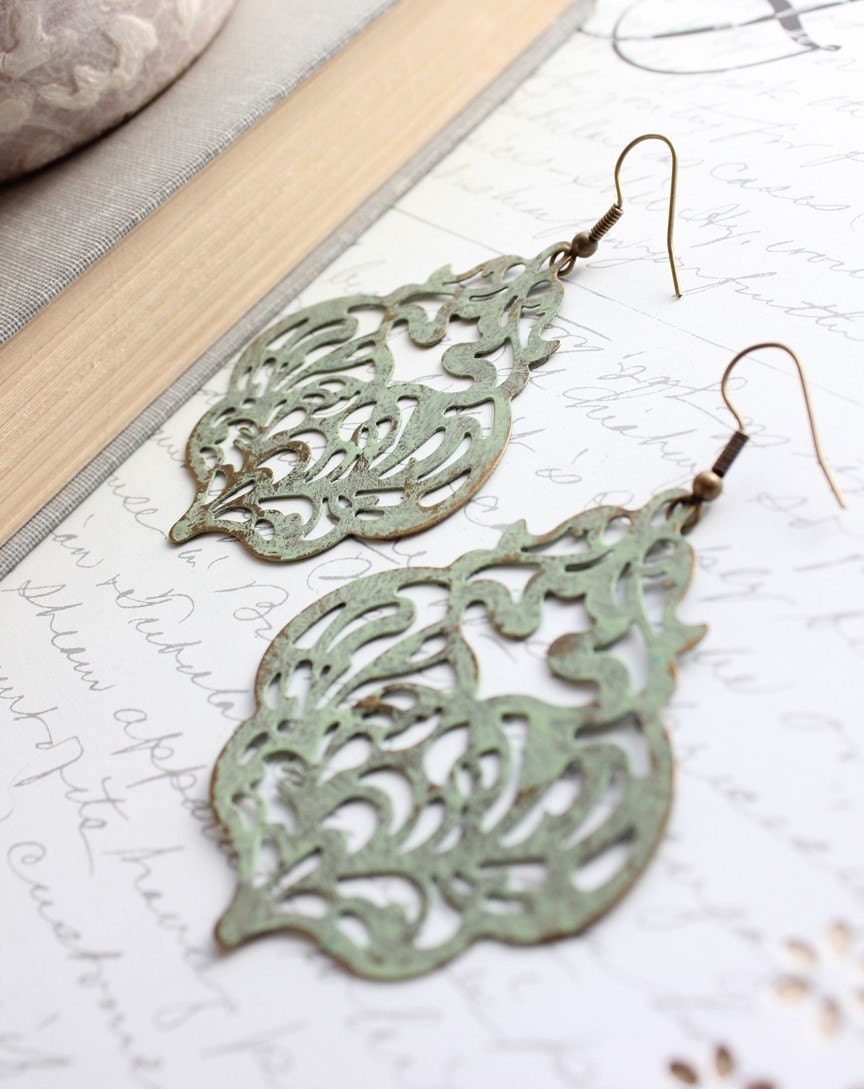 Large Filigree Earrings Light Sage Green Patina Earrings Big - Etsy