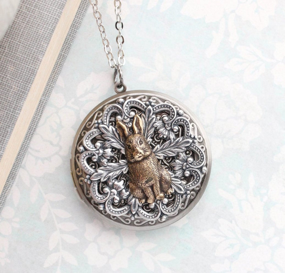 Rabbit Pendant Large Round Brass Picture Locket Layering Necklace ...