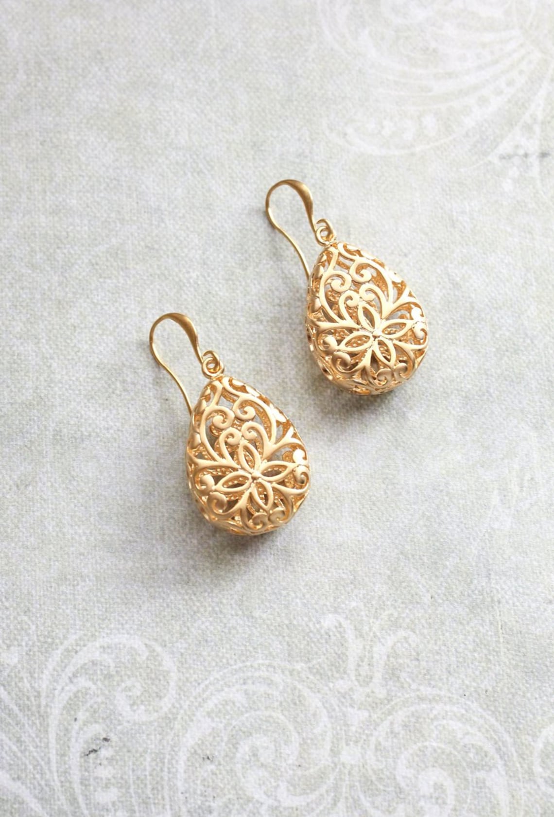 Gold Teardrop Filigree Earrings Boho Wedding Jewelry - Etsy