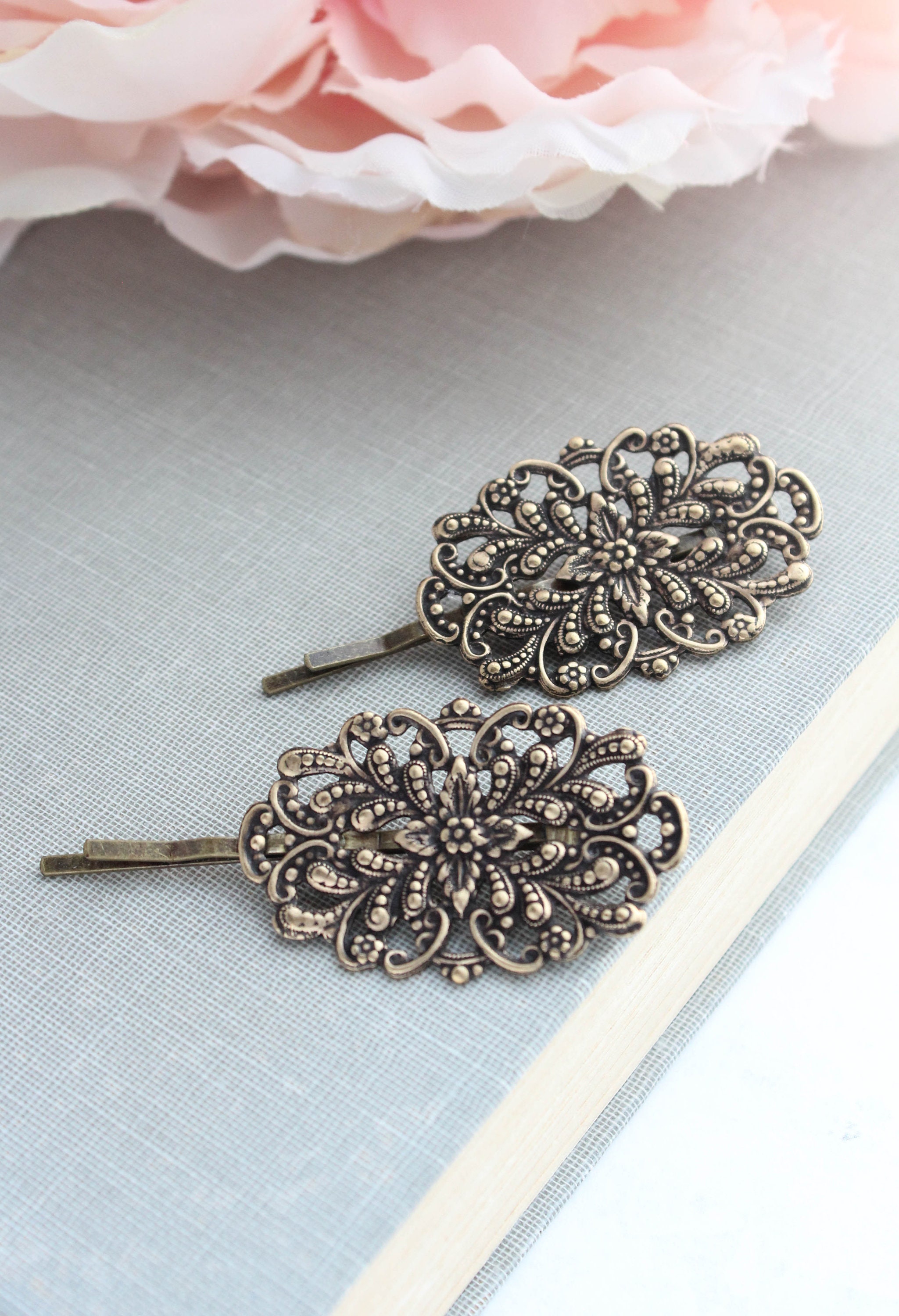 Filigree Bobby Pin 3 Colors Verdigris Patina Metal Lace | Etsy