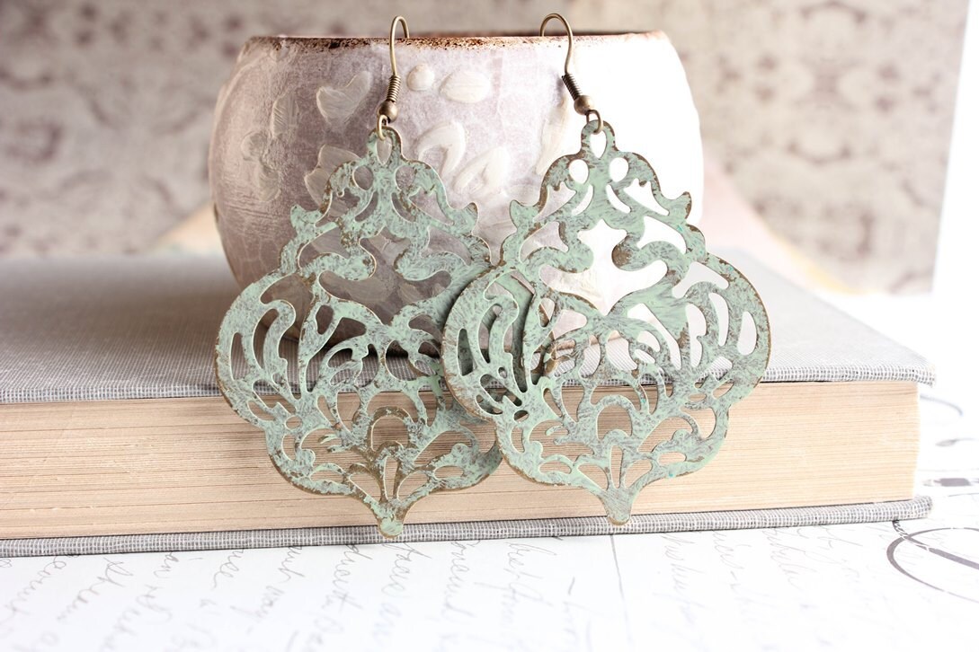 Large Filigree Earrings Light Sage Green Patina Earrings Big - Etsy