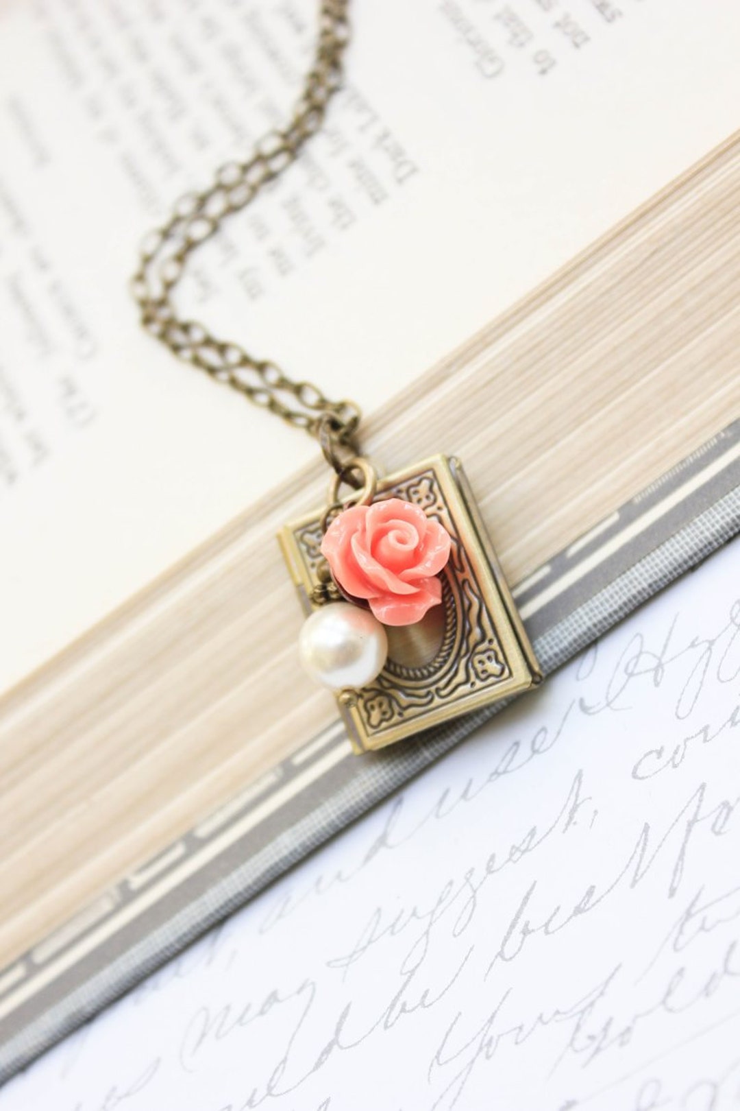 Book Locket Necklace Pendant Necklace Peach Coral Rose Charm Pearl ...