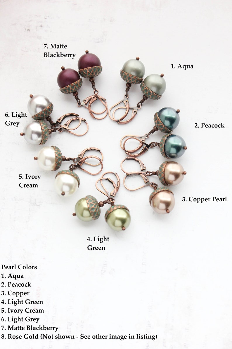Pearl Acorn Pendant Necklace (8 Pearl Colors) Mint Patina Copper, Fall ...