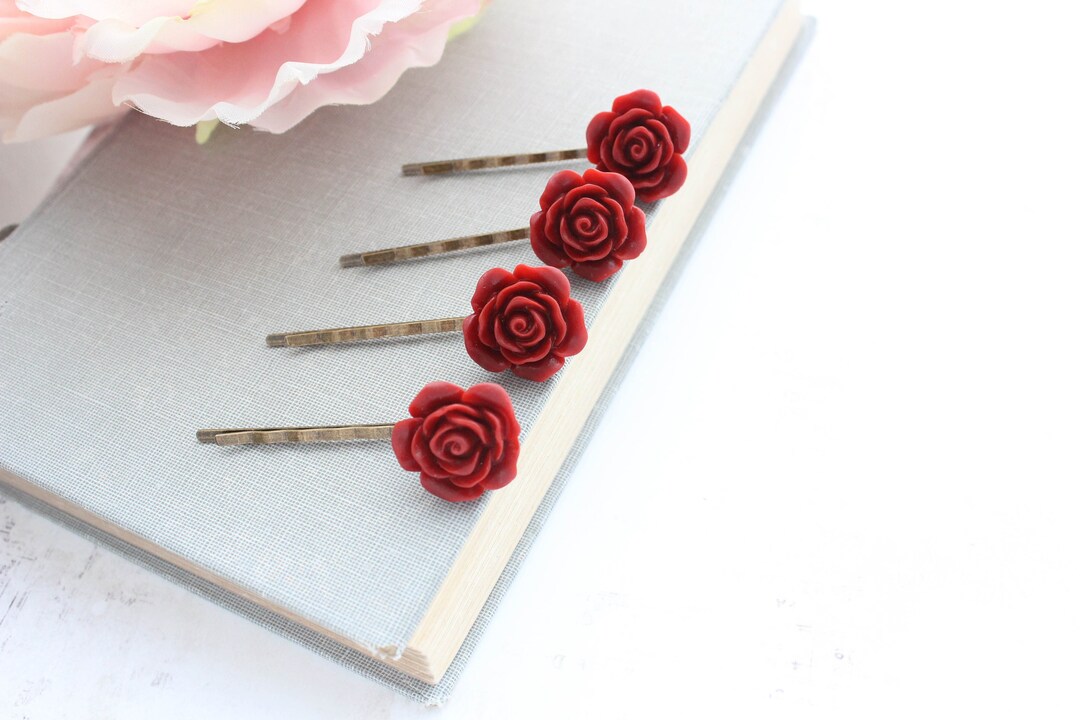 Deep Red Rose Bobby Pins, Dark Red Flower Bobbies, Floral Hair Pins ...