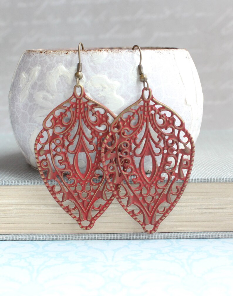Rust Red Earrings Red Patina Big Filigree Earrings Long Earrings Boho ...