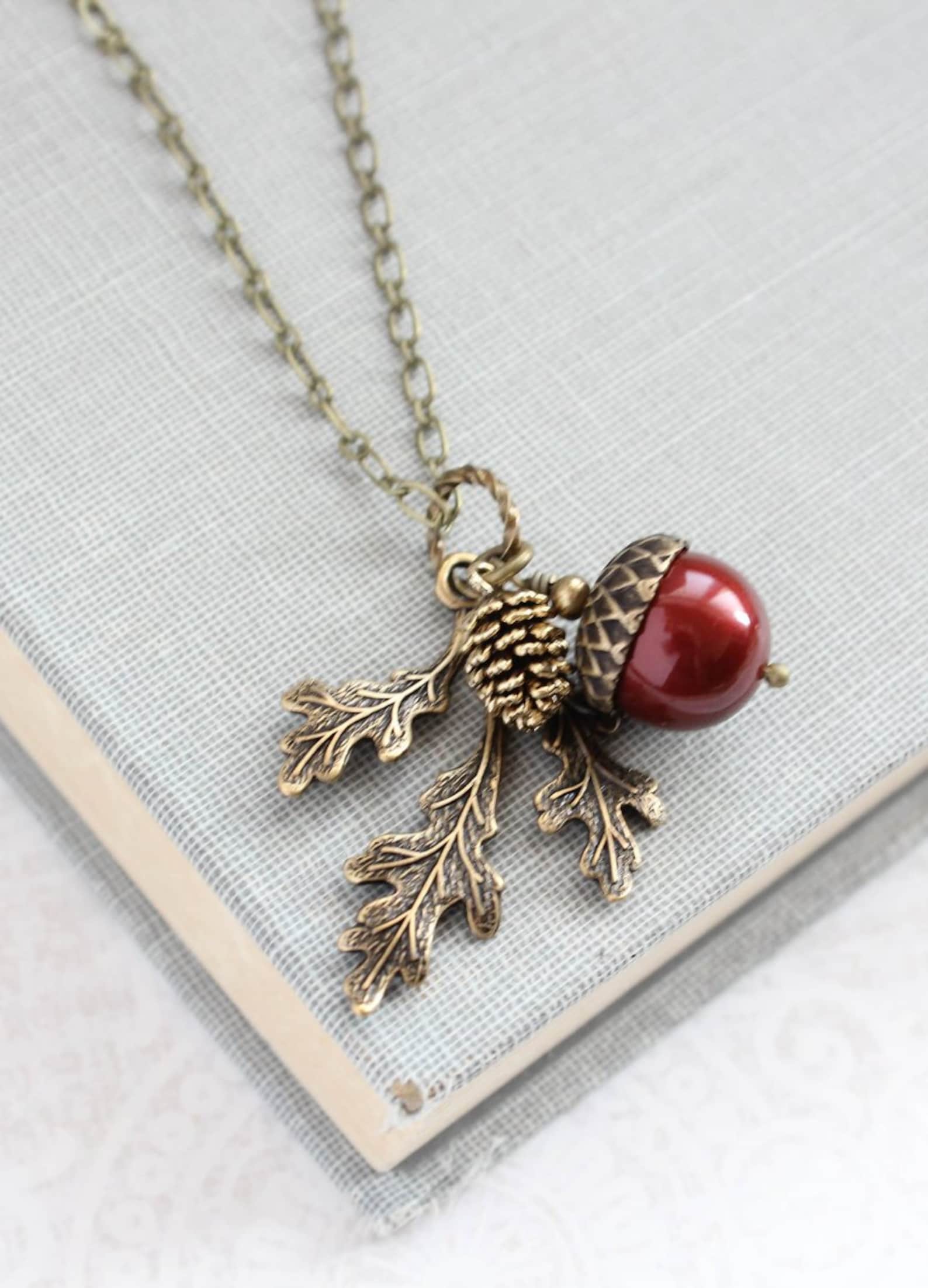 Red Necklace Red Pearl Acorn and Branch Necklace Rustic Wedding Nature ...