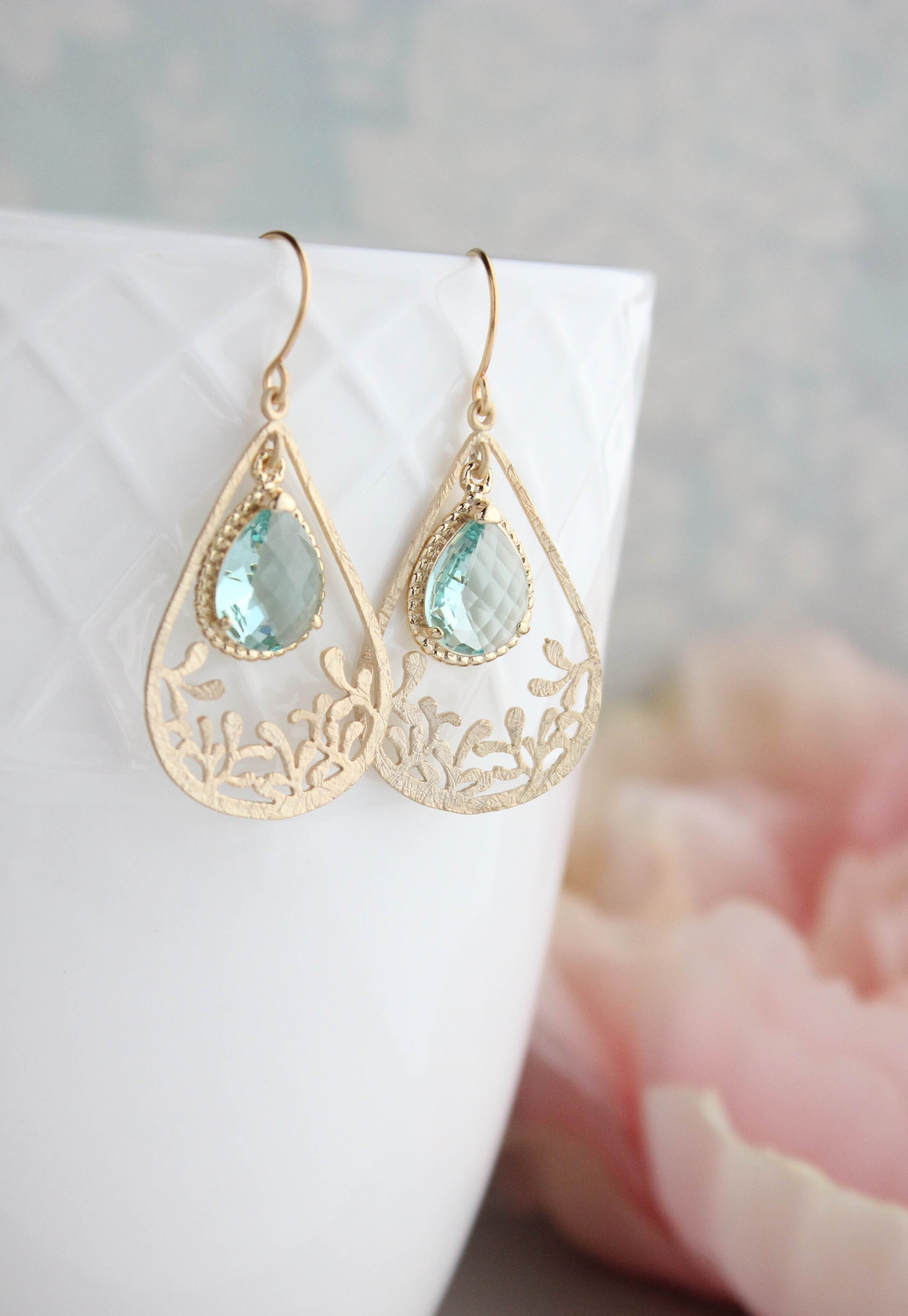 Aqua Teardrop Earrings Gold Earrings Erinite Glass Dangles | Etsy
